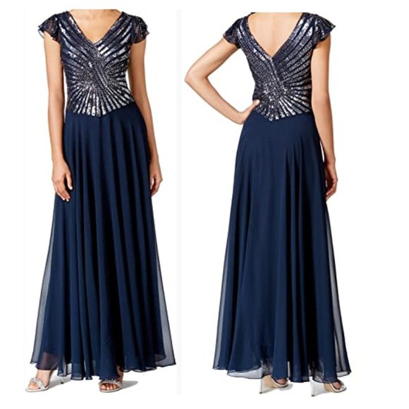 J Kara | Dresses | Kara Cap Sleeve Formal Gown With Beads And Sequins ...